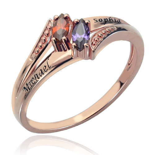 18K Rose Gold Engraved Double Birthstones Ring Gift for Mothers